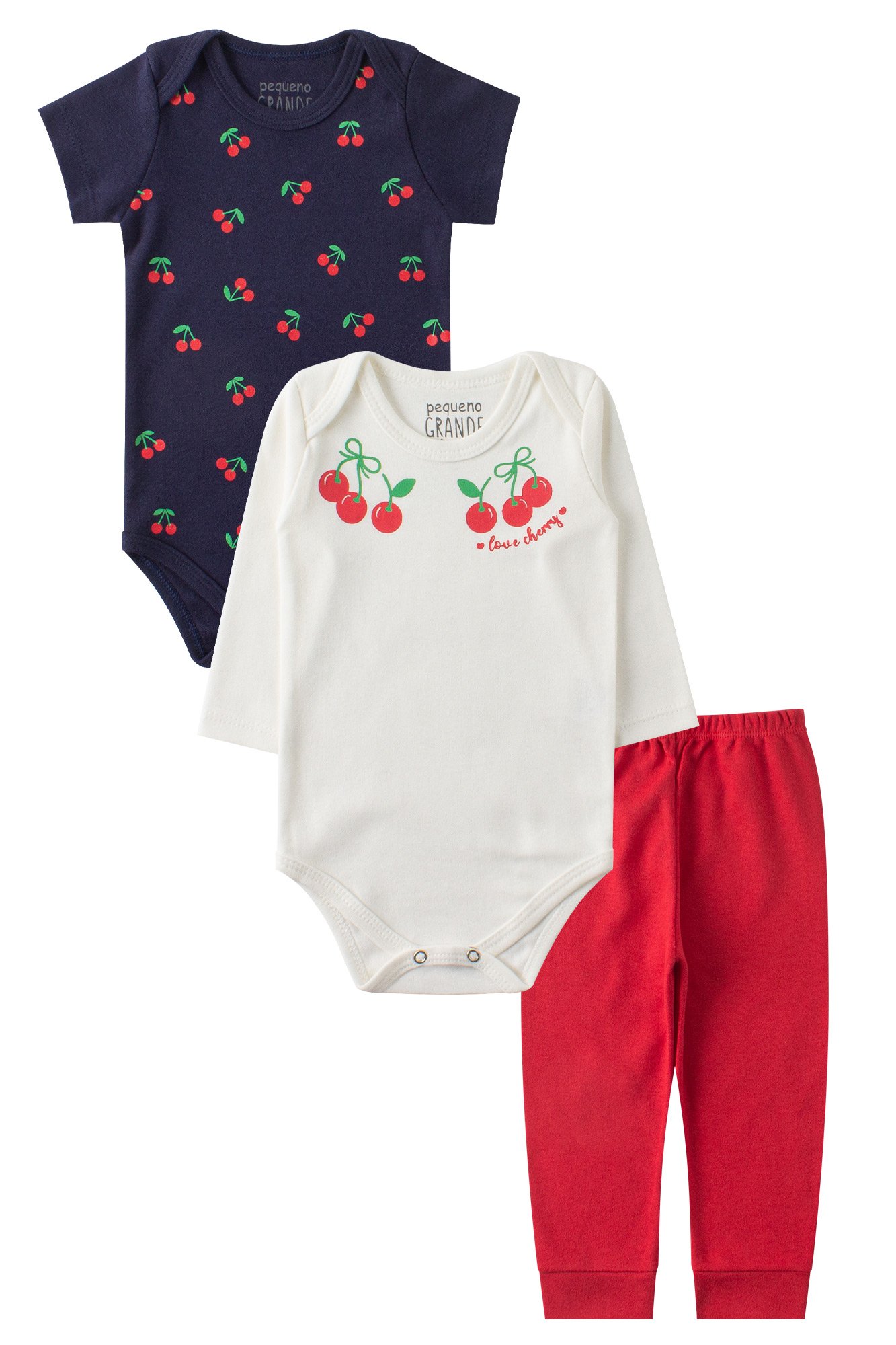 Kit Body Bebê 3 Peças Suedine Love Cherry - Pequeno Big Amor